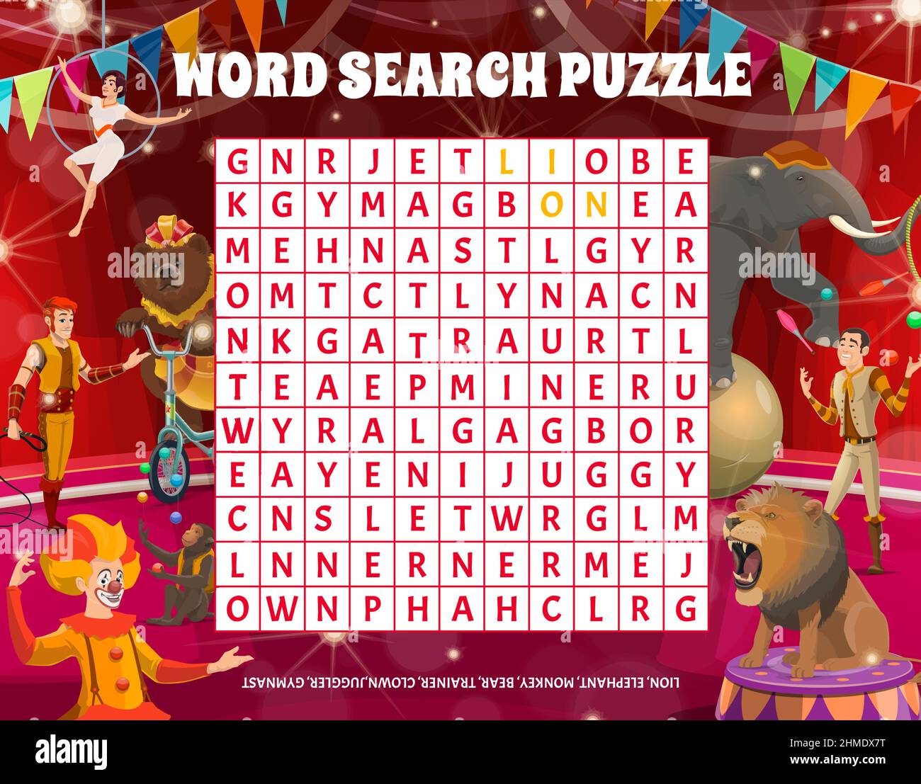 Word puzzle game worksheet with circus cartoon performers and animals ...