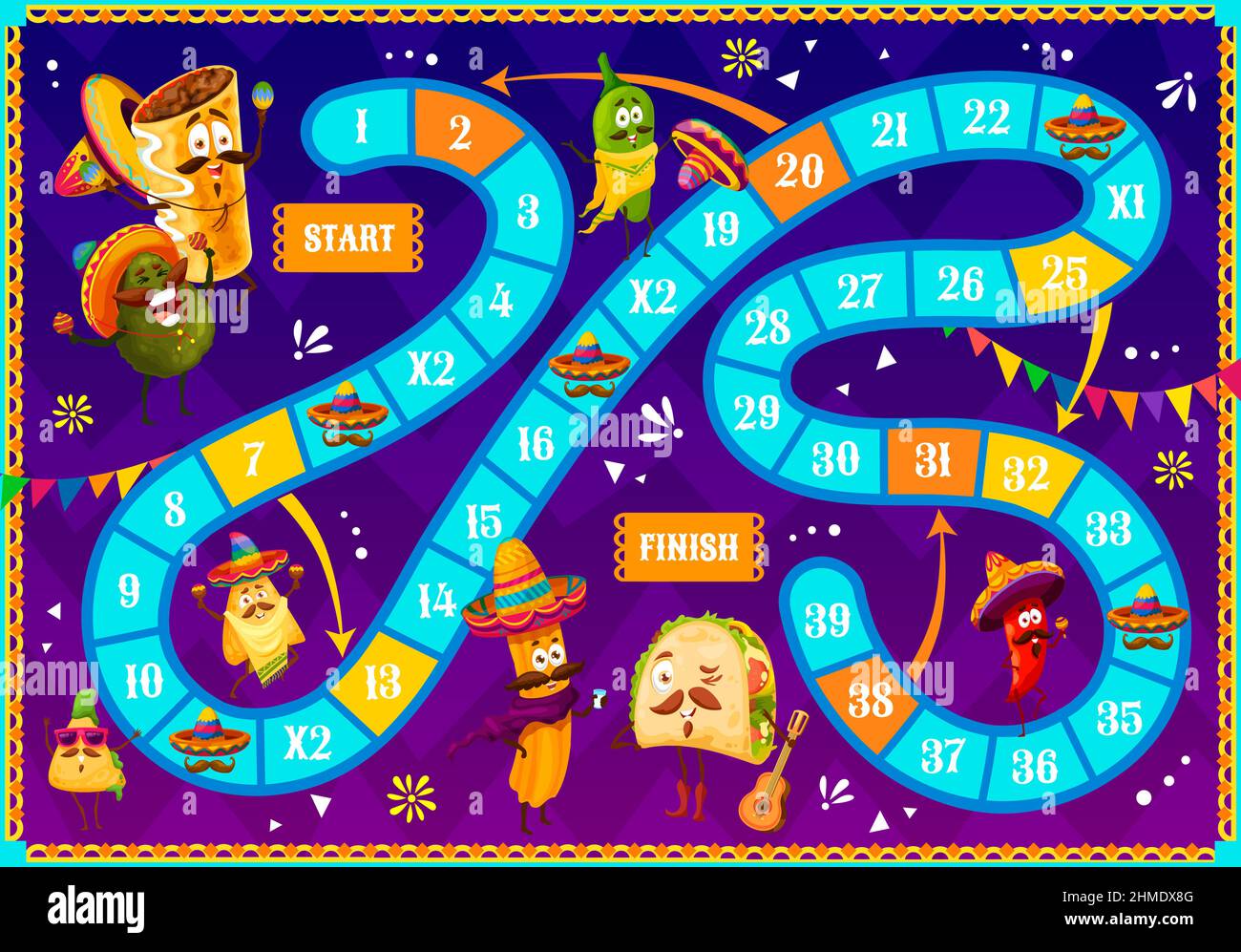 Cartoon mexican food characters on kids board game. Jalapeno, avocado ...