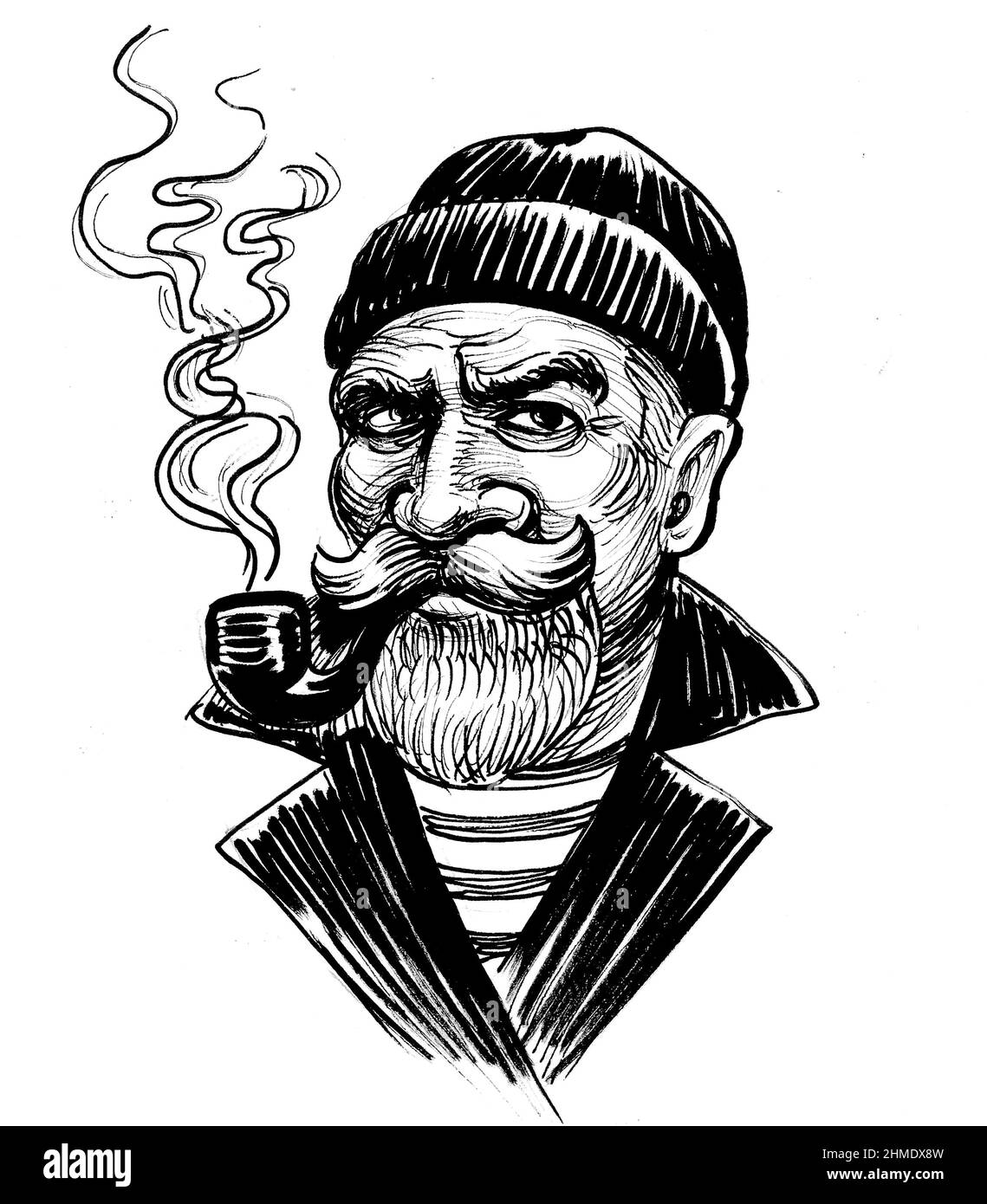 Boat captain smoking pipe. Ink black and white drawing Stock Photo - Alamy
