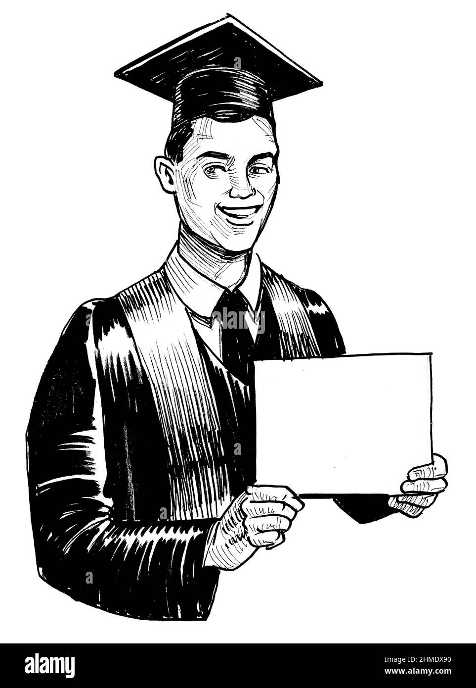 Happy university graduate with a diploma. Ink black and white drawing ...