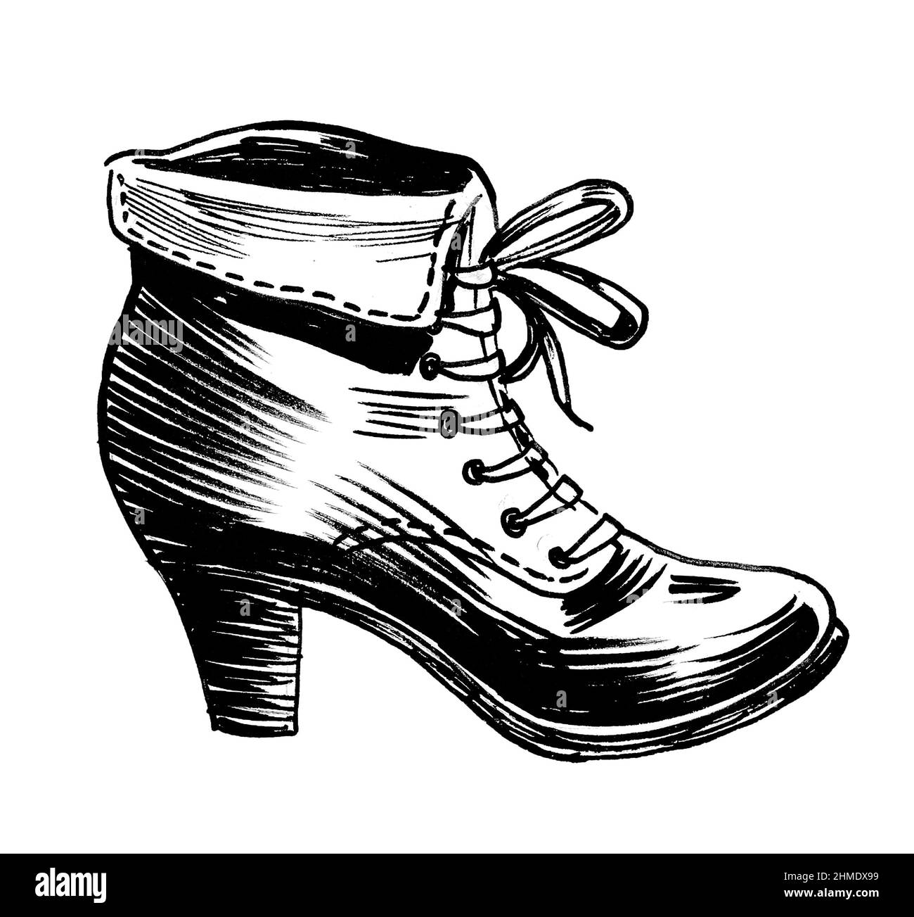 Vintage women's shoe. Ink black and white drawing Stock Photo - Alamy