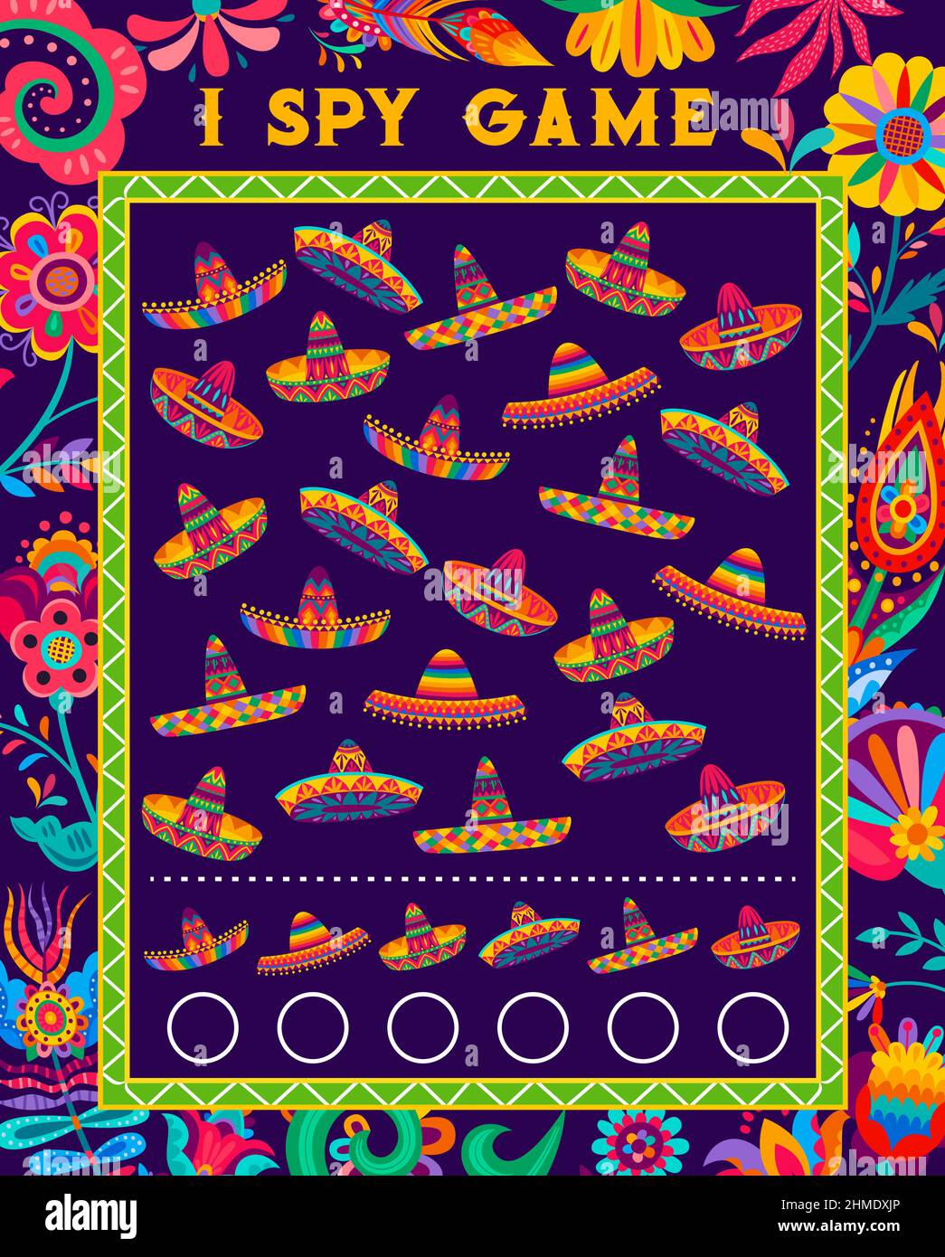 I spy game to count Mexican sombrero hats, math game worksheet, vector ...