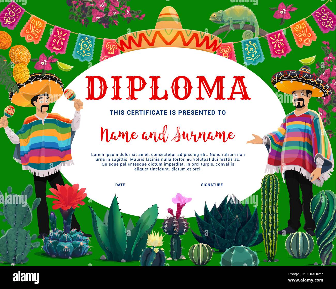 Kids diploma with cartoon mexicans, cactuses, flags and flowers vector ...
