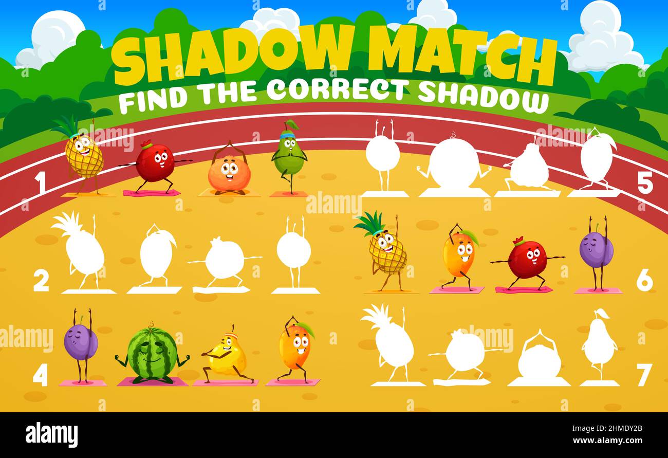 Shadow match game worksheet, cartoon fruits characters on yoga. Vector ...