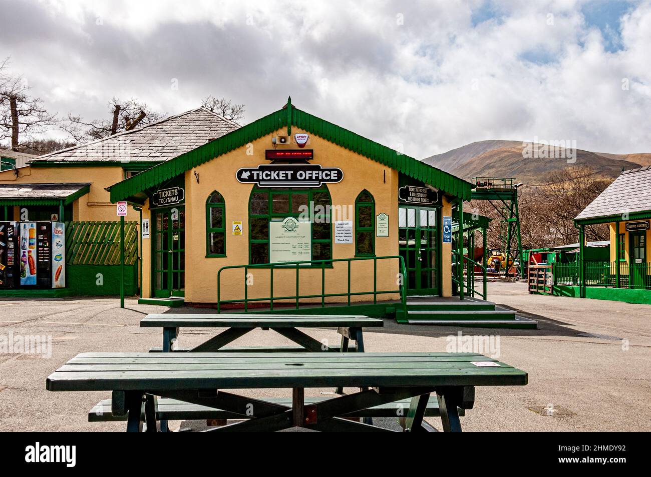 The yellow and green painted ticket office at the lower terminus of the ...
