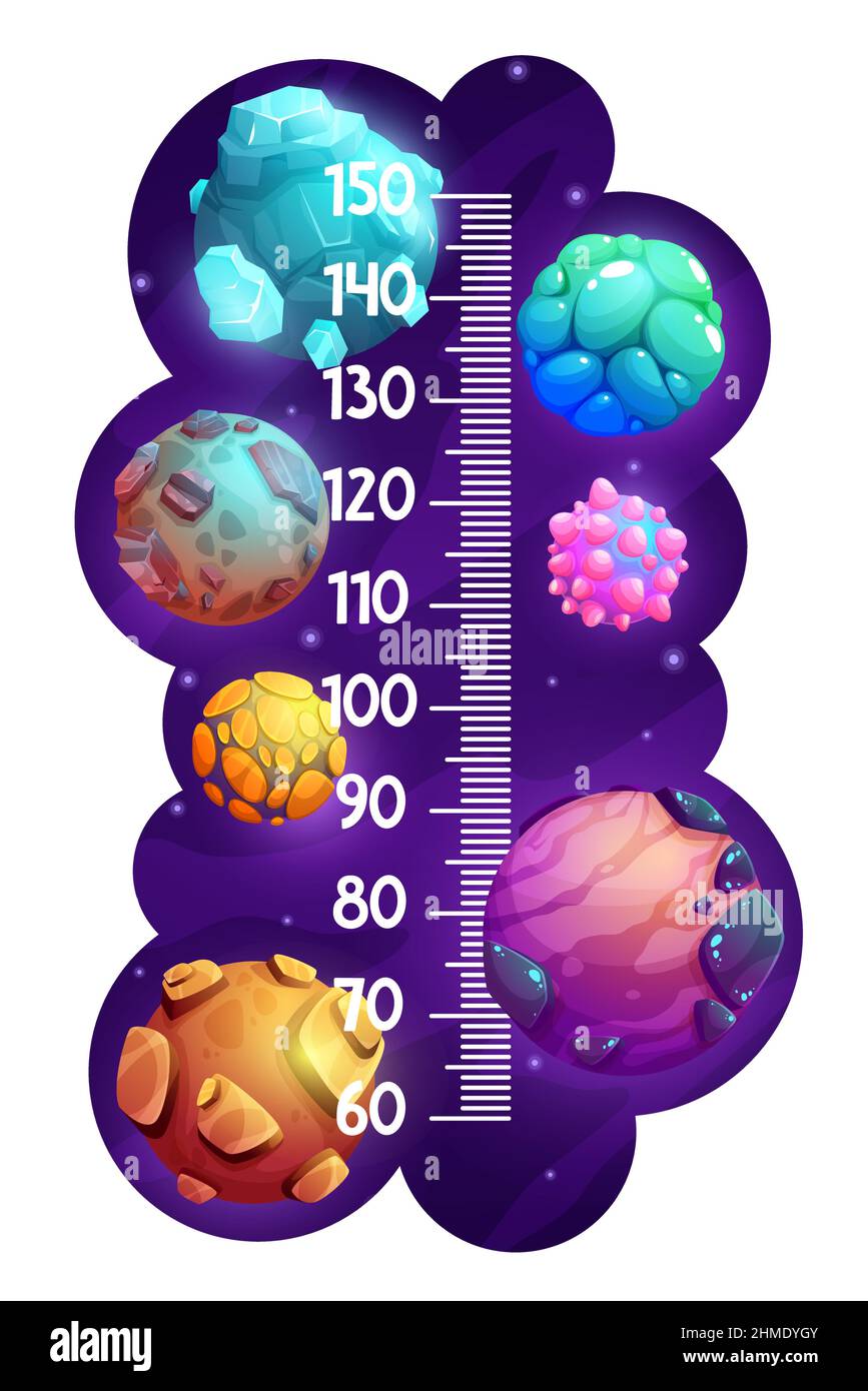 Kids height chart with cartoon fantastic alien space planets, vector ...