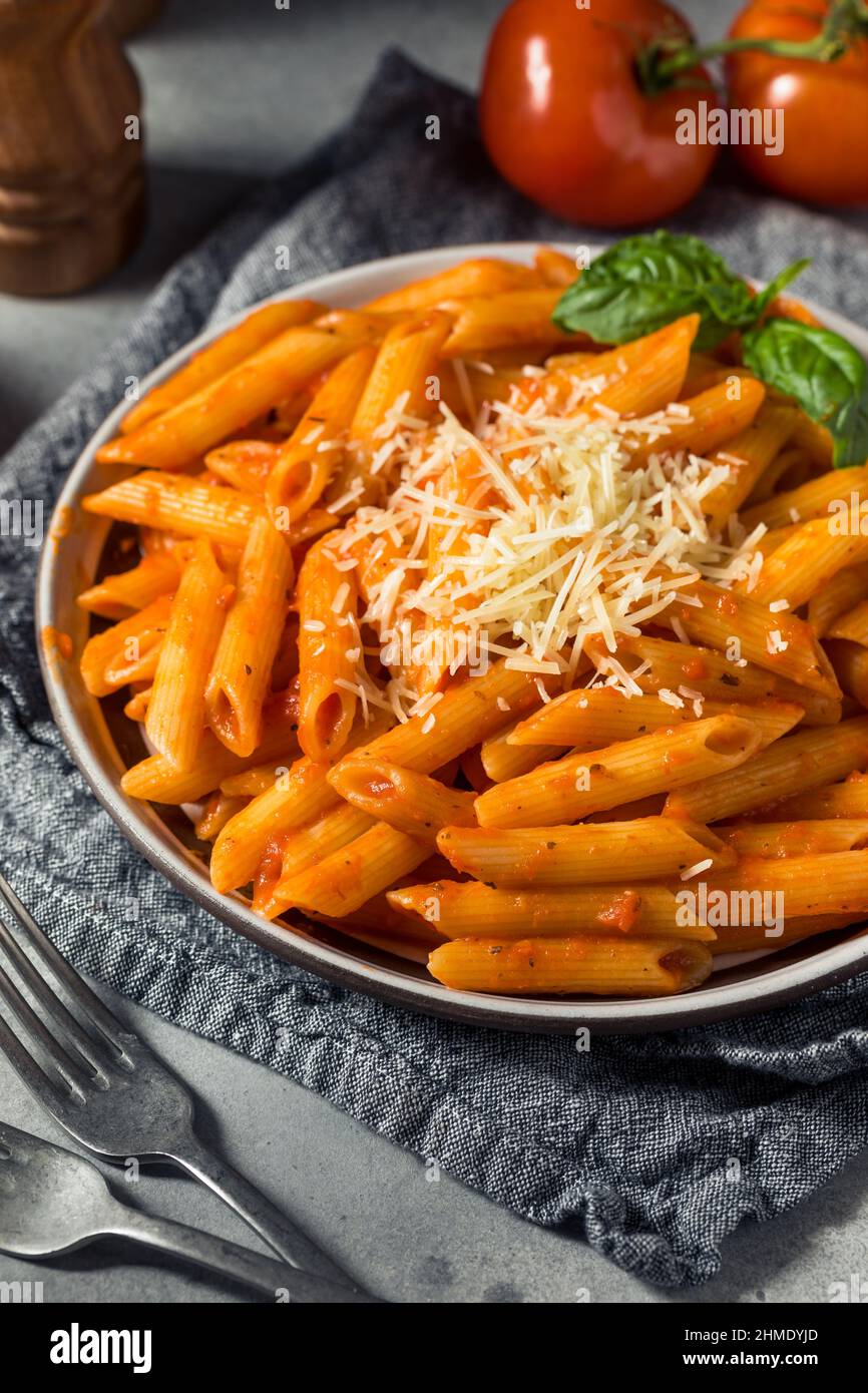Homemade Penne Pasta with Marinara Sauce Cheese and Basil Stock Photo ...