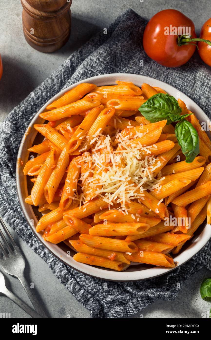Homemade Penne Pasta with Marinara Sauce Cheese and Basil Stock Photo ...
