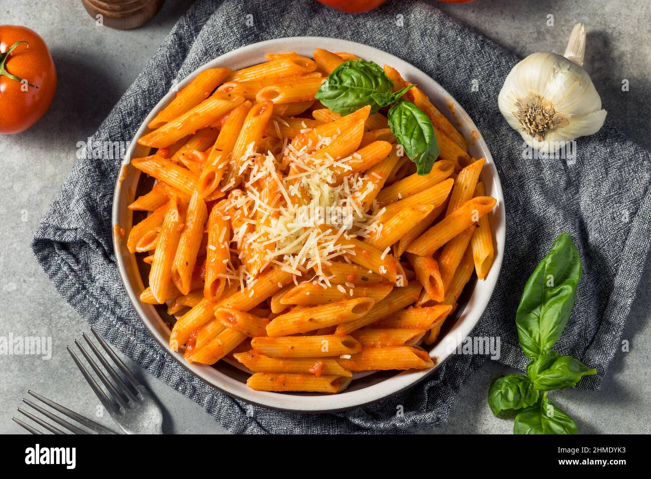 Homemade Penne Pasta with Marinara Sauce Cheese and Basil Stock Photo ...
