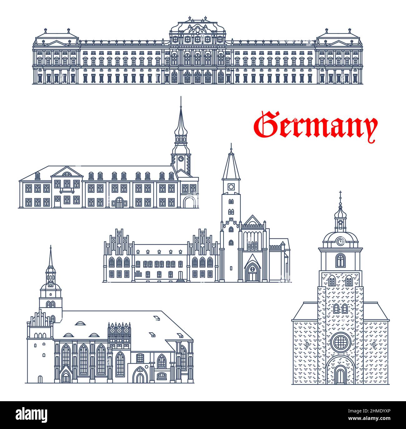 German cathedrals and churches in Brandenburg and Wurzburg, vector ...