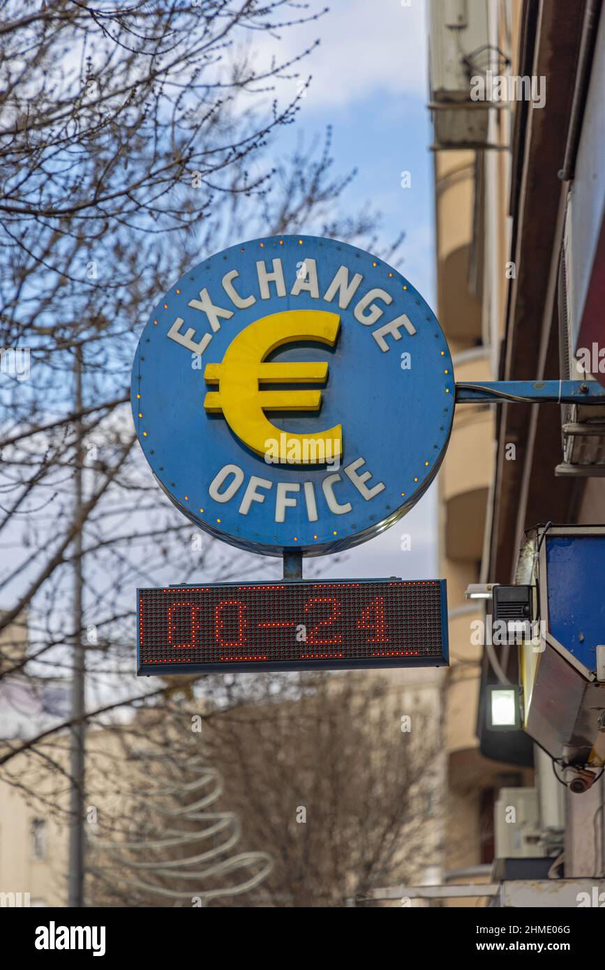 Euro Money Sign at Exchange Office With Led Lights Stock Photo - Alamy
