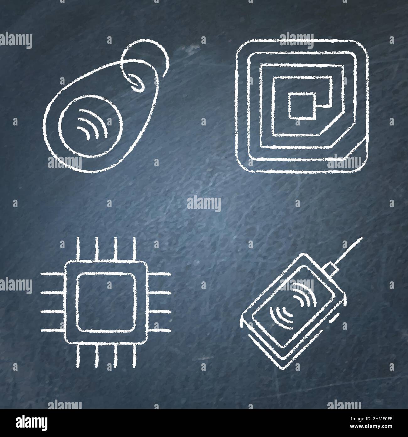 RFID tag and microchip icon set on chalkboard. Radio frequency ...