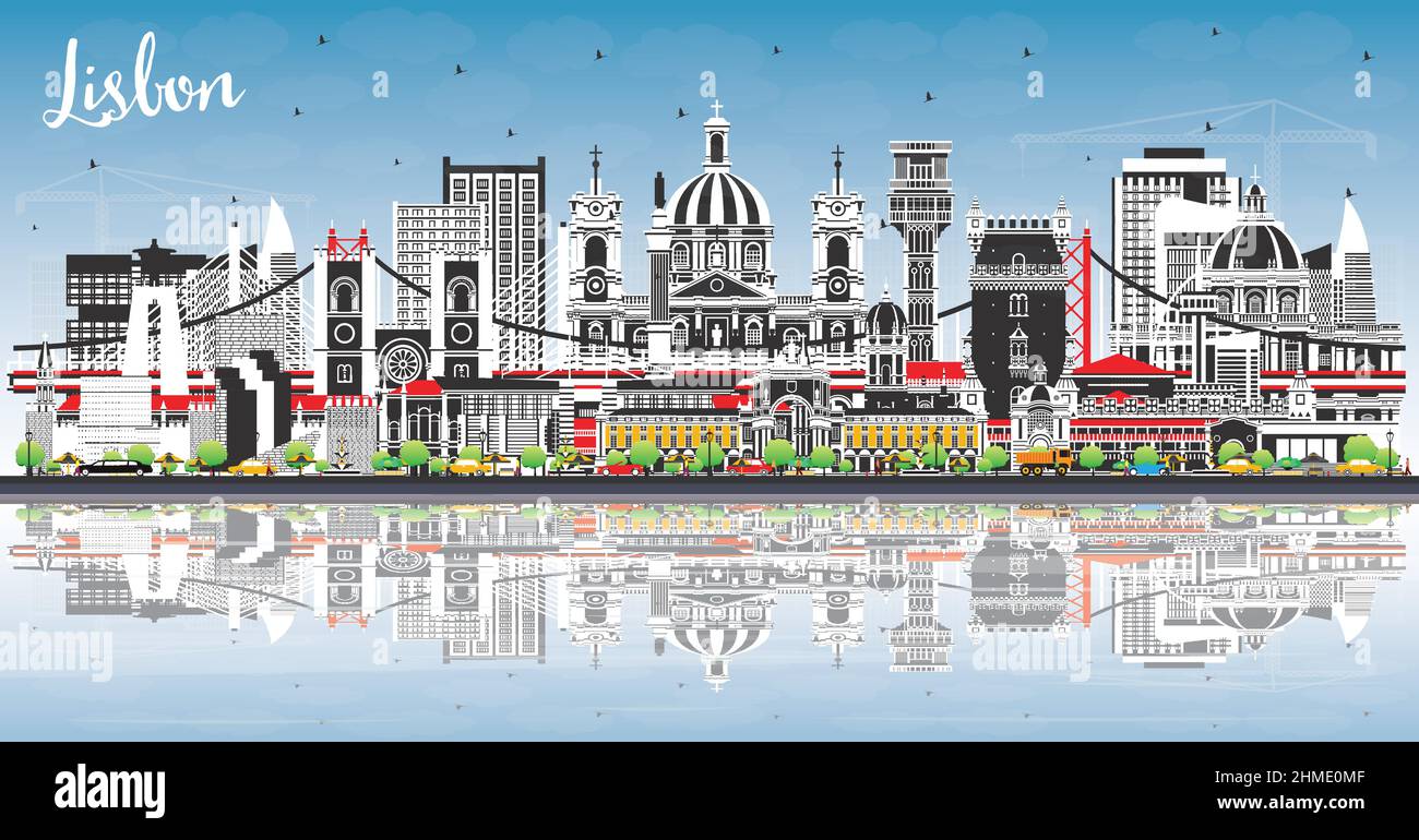 Lisbon Portugal City Skyline with Color Buildings, Blue Sky and ...