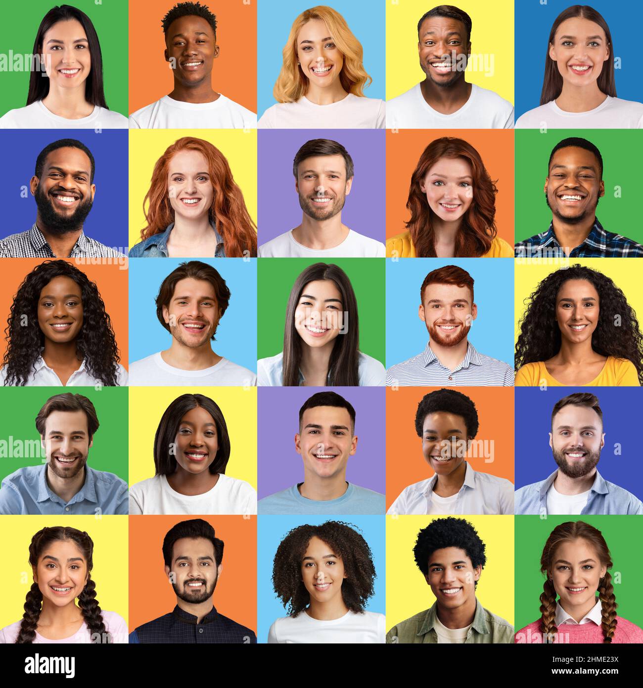 Collage of multiracial men and women portraits showing happy emotions ...