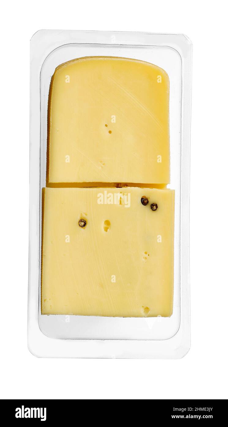 Raclette cheese slices in transparent plastic packaging, isolated on ...