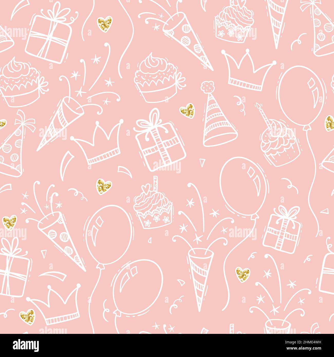 Fun hand drawn party seamless background with cakes, gift boxes ...