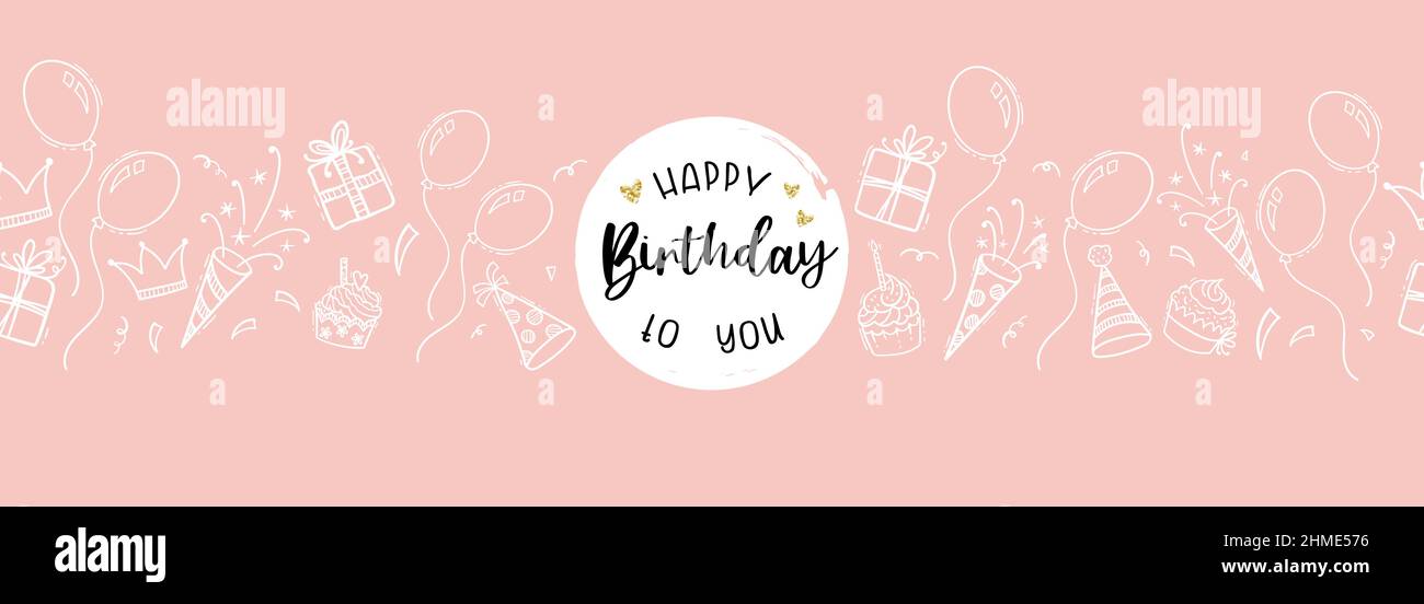 Fun hand drawn party seamless background with cakes, gift boxes ...