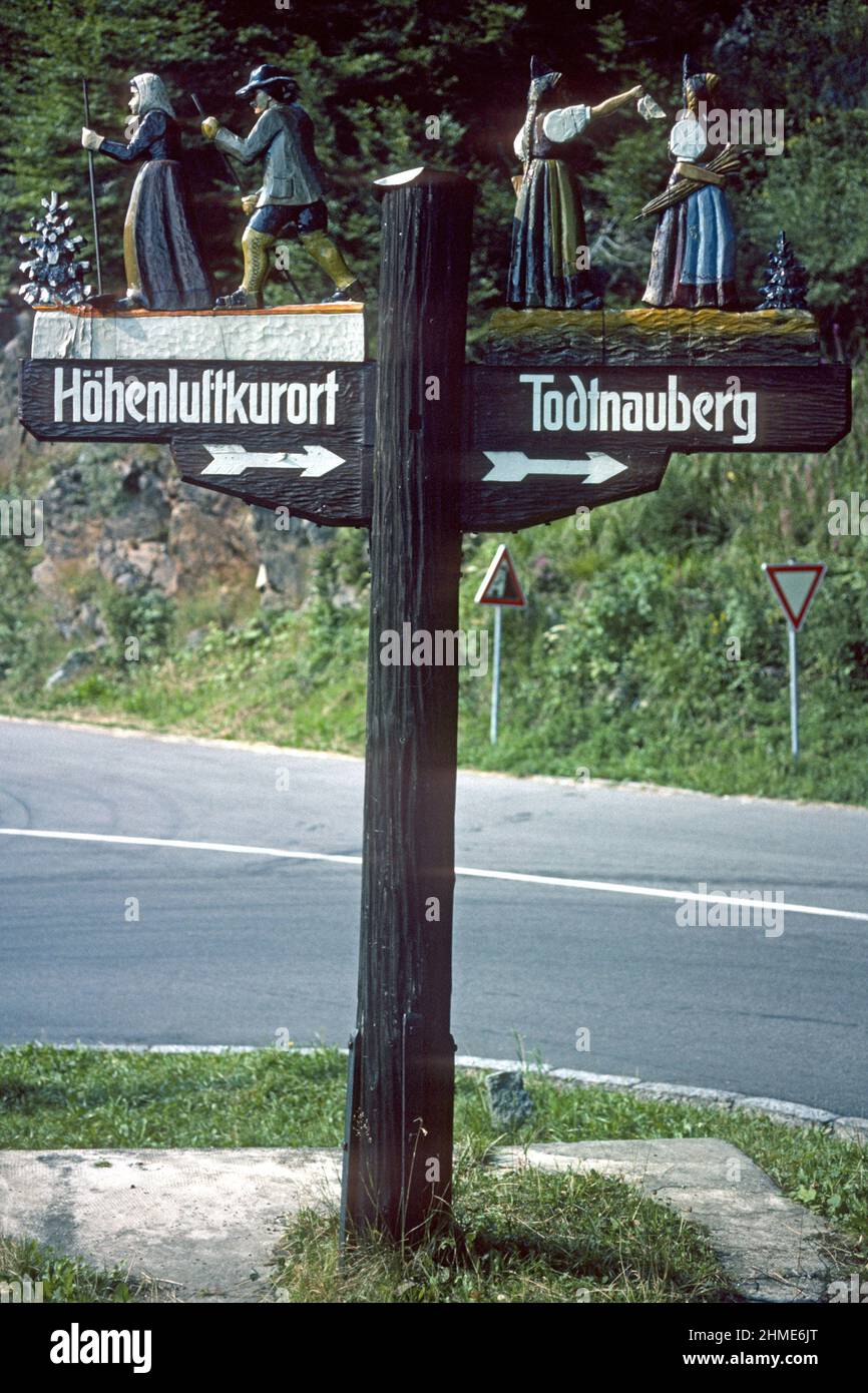 Decorative Black Forest signpost in 1981, Muggenbrunn, Baden ...