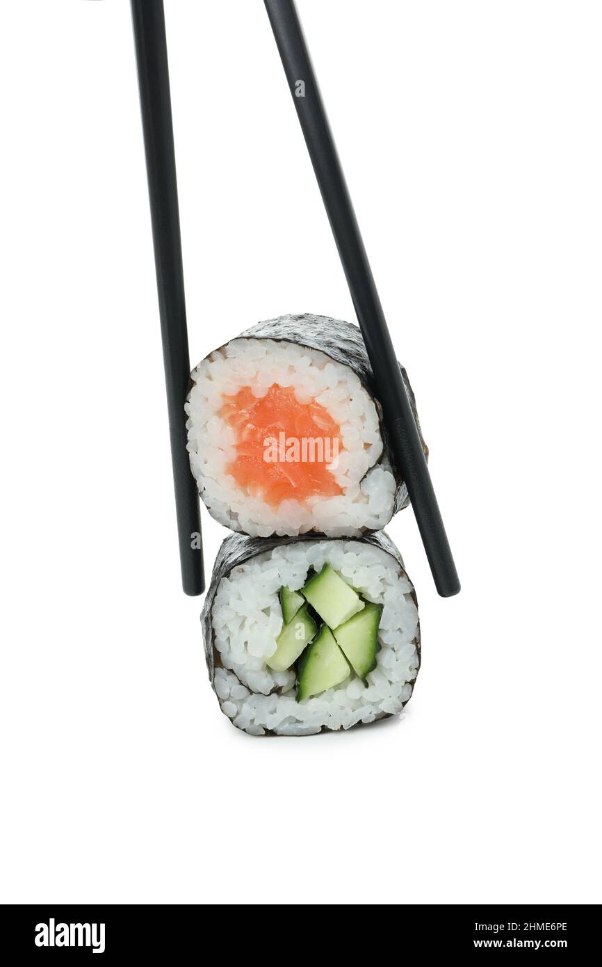 Chopsticks with maki isolated on white background Stock Photo - Alamy