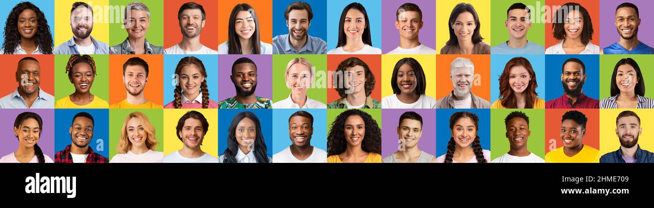 Friendly smiling multiracial people looking at webcam on colored ...