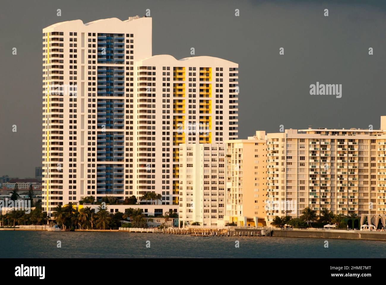 The residential white color buildings during the sunset in Miami Beach ...