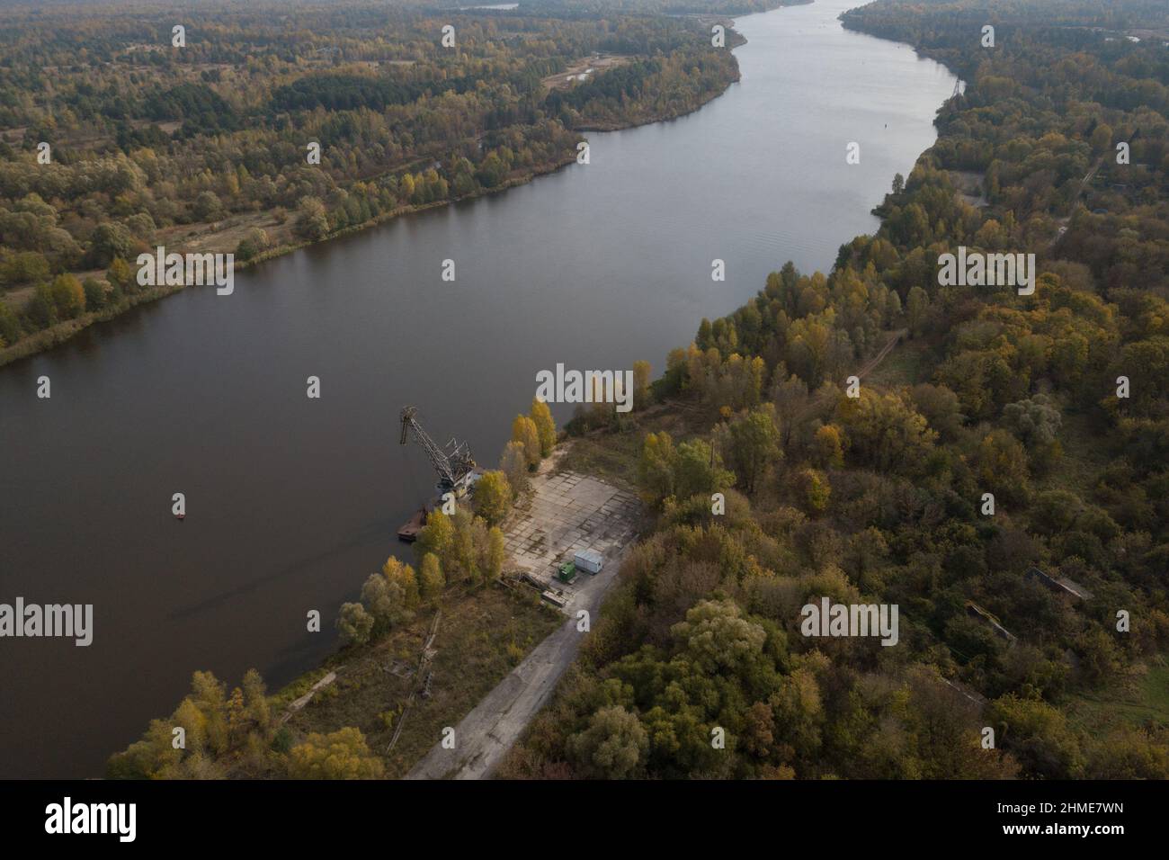 Aerial views of the Pripyat River and the surrounding forest from ...
