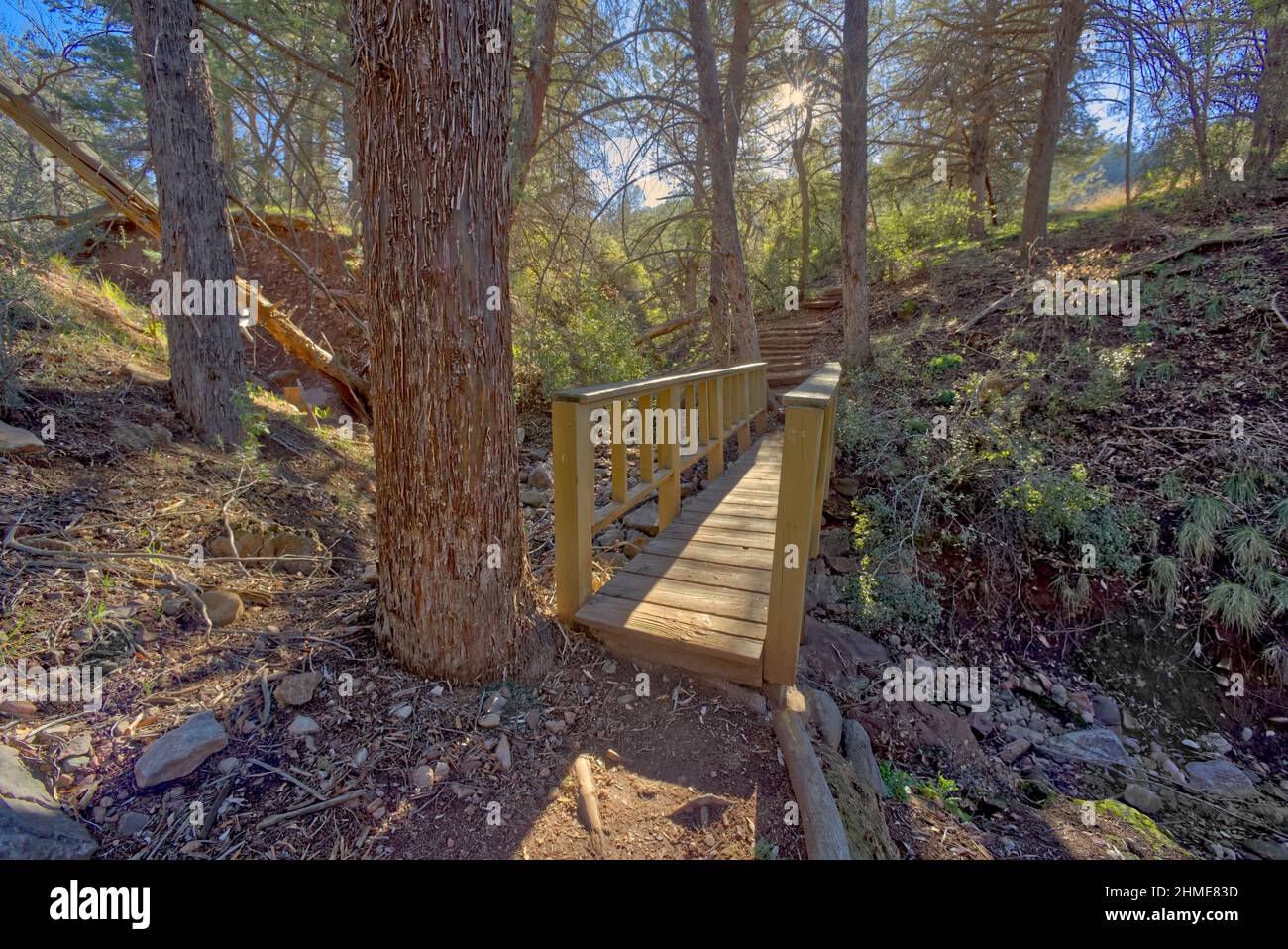 A wooden bridge crossing a drainage creek along the Pine Creek Trail in ...