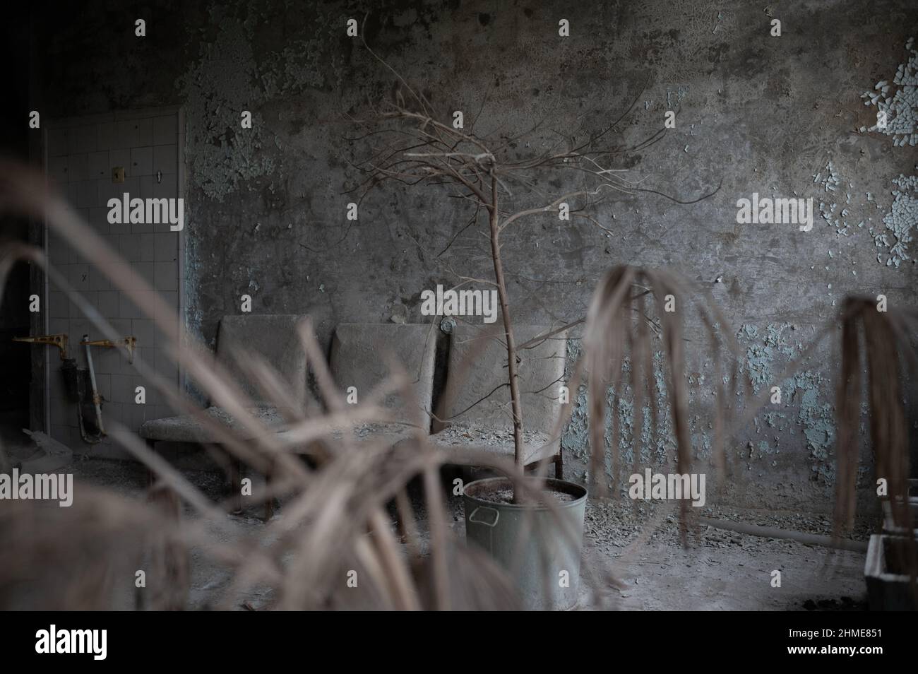 A decaying waiting room in the hospital in Pripyat, Ukraine near the ...
