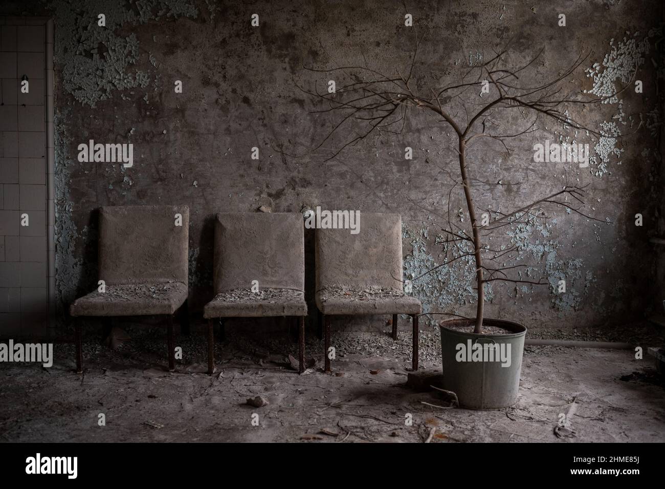 A decaying waiting room in the hospital in Pripyat, Ukraine near the ...