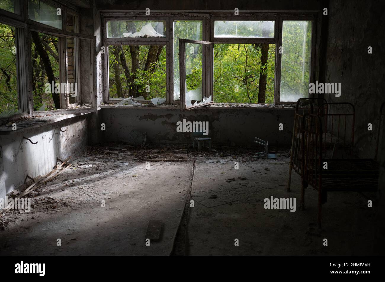 A decaying nursery in an abandoned hospital in Pripyat, Ukraine near ...