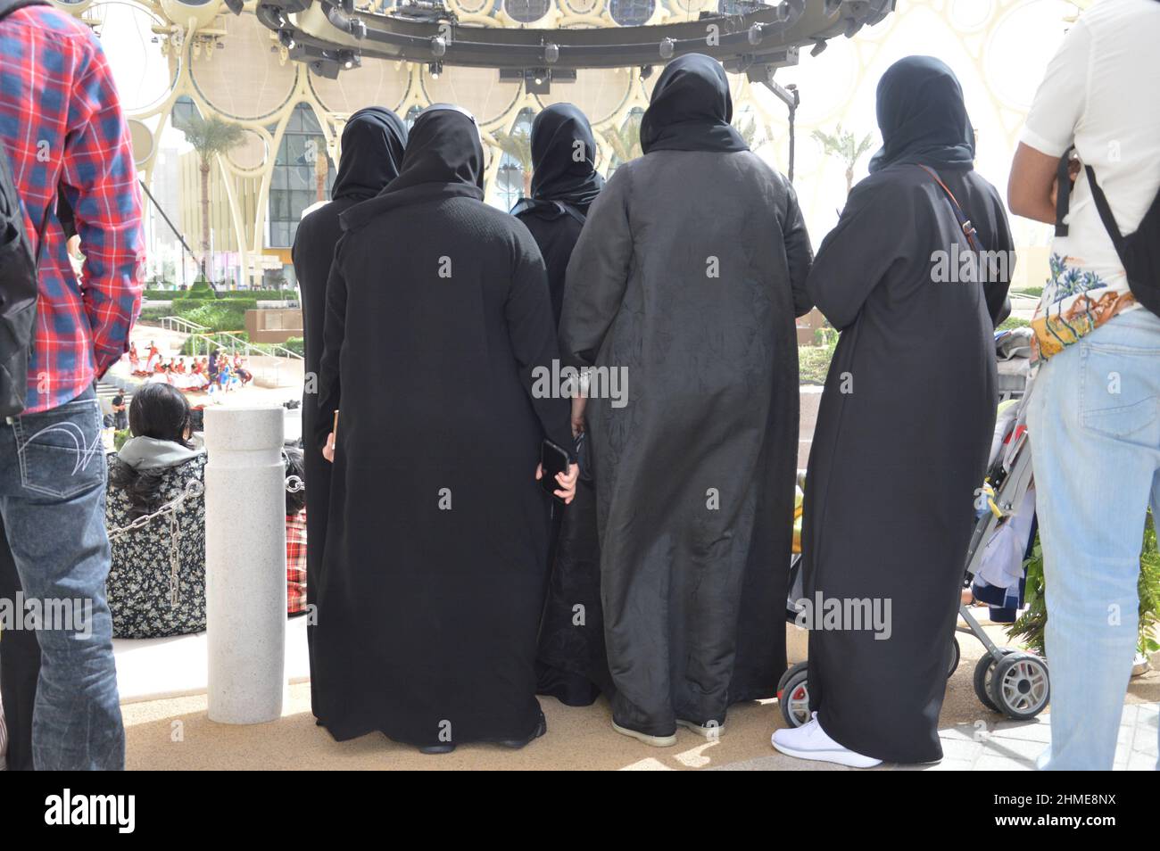 Women with traditional muslim black clothing at Al Wasl Plaza at Expo ...