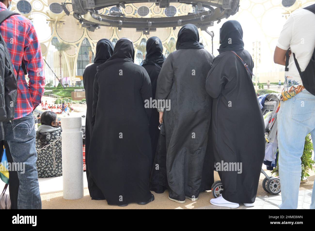 Women with traditional muslim black clothing at Al Wasl Plaza at Expo ...