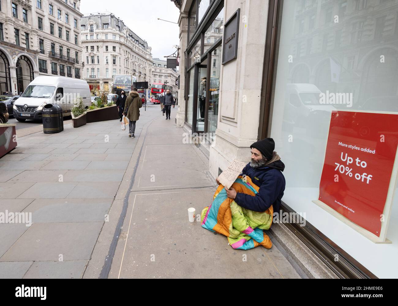 Poverty London UK; a man begging on the street for money, Regent Street ...