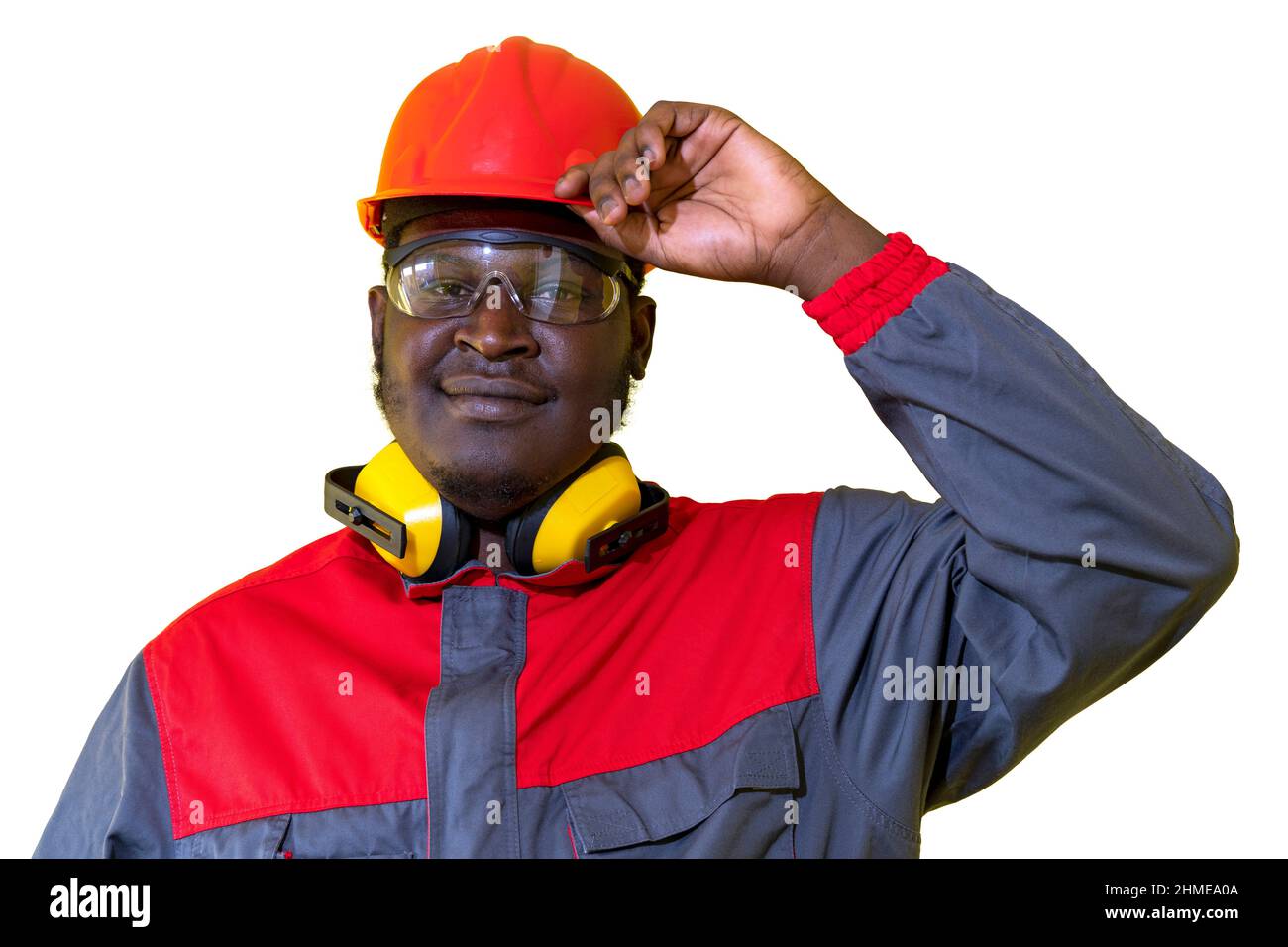Portrait Of Black Industrial Worker In Red Helmet, Protective Eyewear ...
