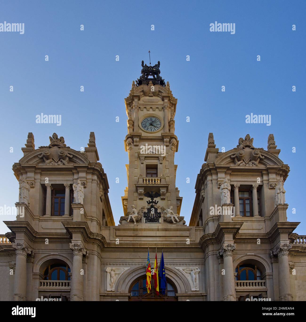 View from the ground of the upper part of the Valencia City Hall ...
