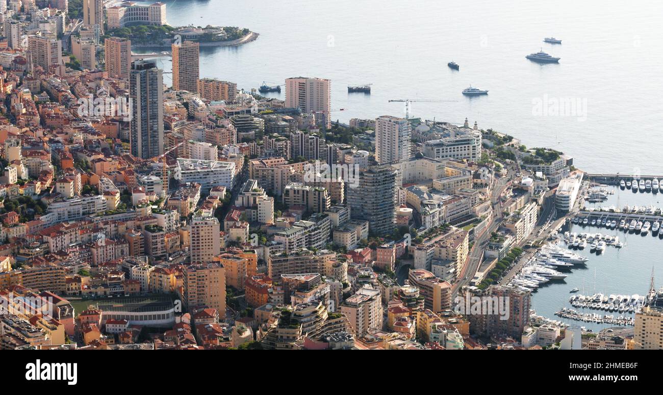 Aerial view of the Principality of Monaco at sunrise, Monte-Carlo, old ...