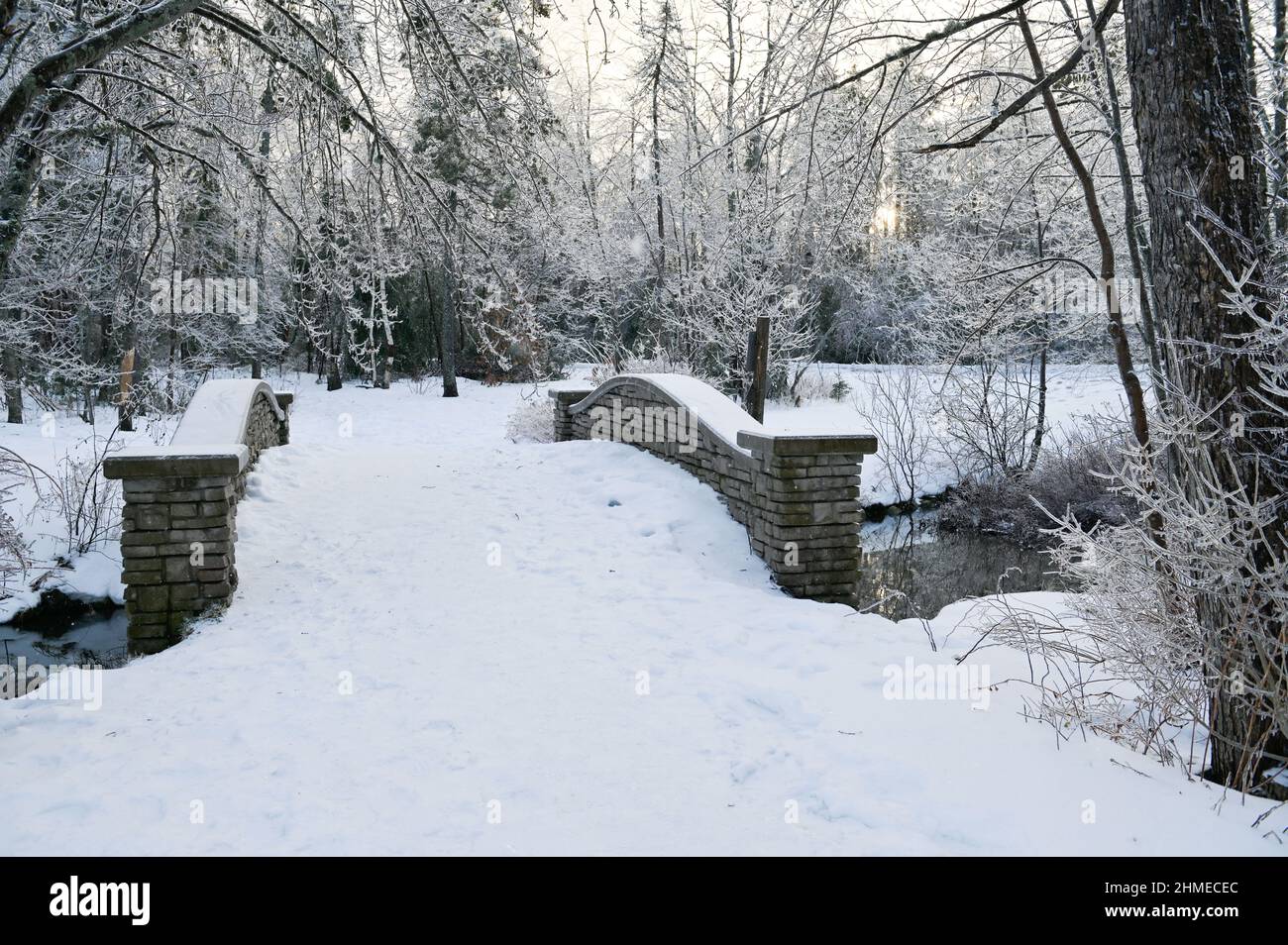 Small bridge across the river in very cold and frosty weather in the ...