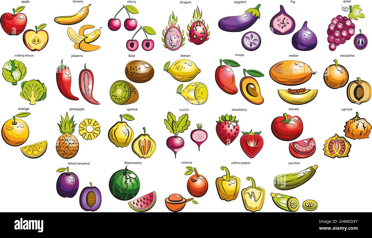 Set of vegetables, fruits and berries. Symbols of a healthy diet and ...