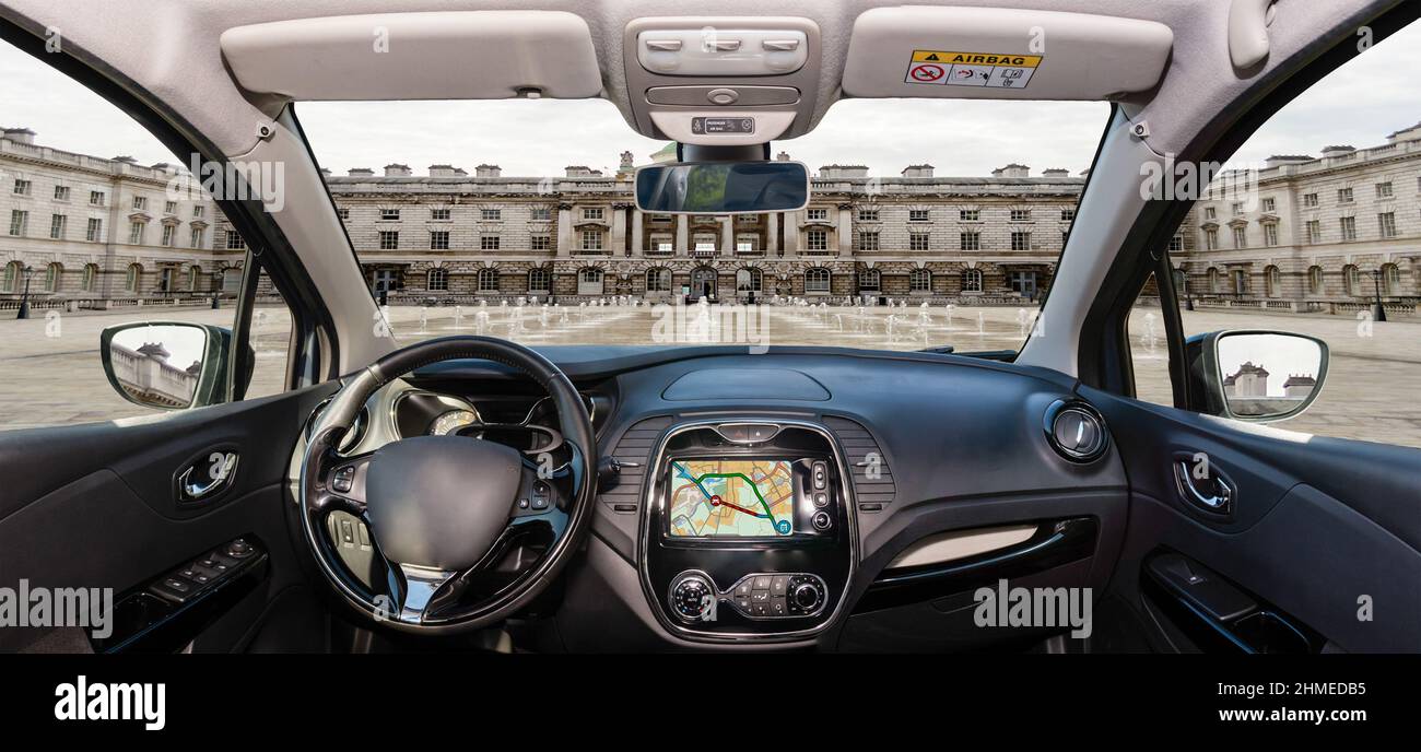 Looking through a car windshield with view over Somerset House ...