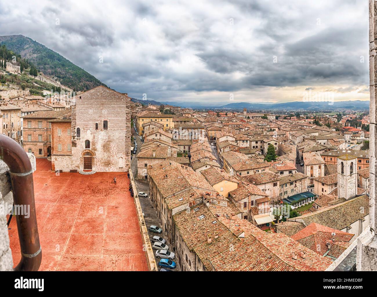 Aerial view of Piazza Grande, scenic main square in Gubbio, one of the ...