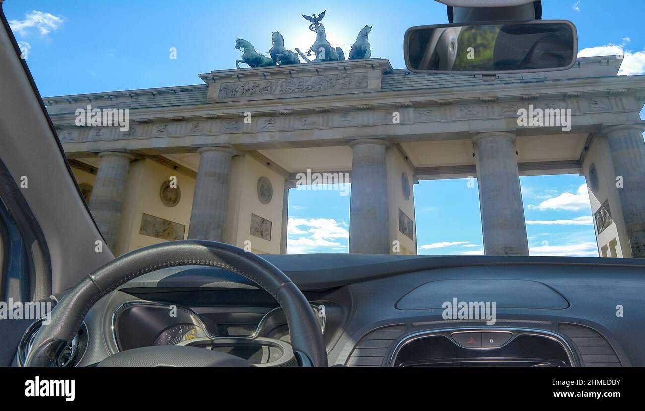 Looking through a car windshield with view of Brandenburg Gate, Berlin ...