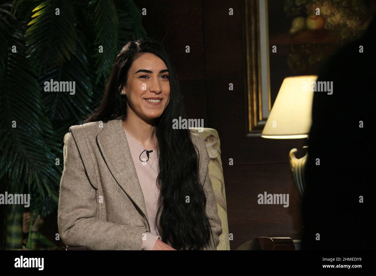 Bethlehem. 6th Feb, 2022. Palestinian singer Lina Sleibi speaks in an ...