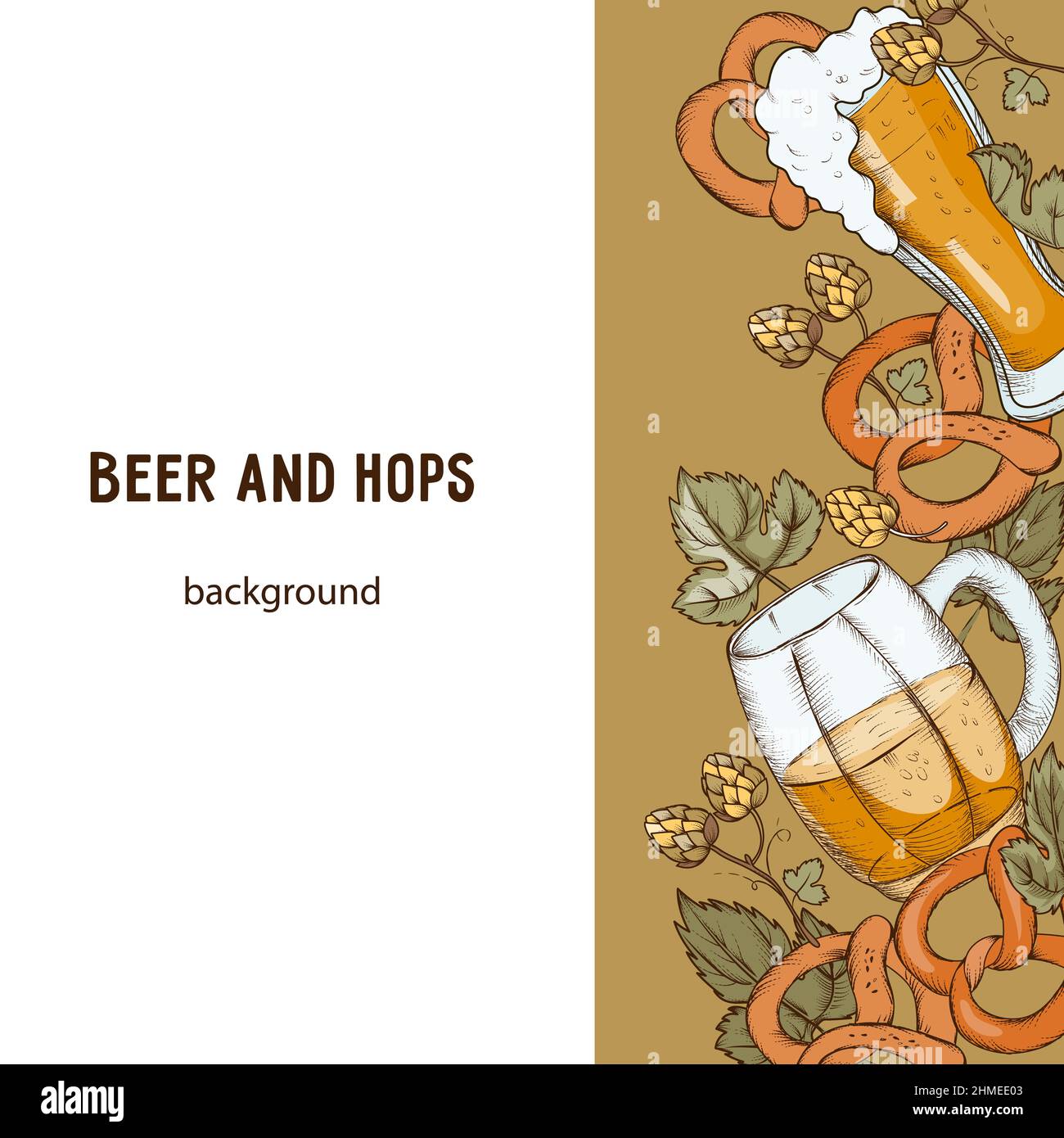 Beer square background or poster template, engraved colored hand drawn ...
