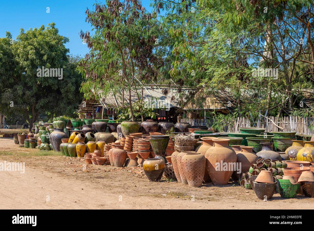 BAGAN, MYANMAR - DECEMBER 23, 2016: Pottery goods put up for sale on ...
