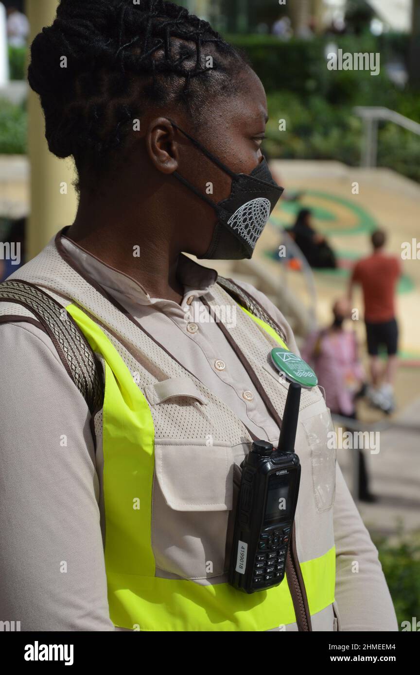Woman security guard wearing face mask at Al Wasl Plaza at Expo 2020 ...