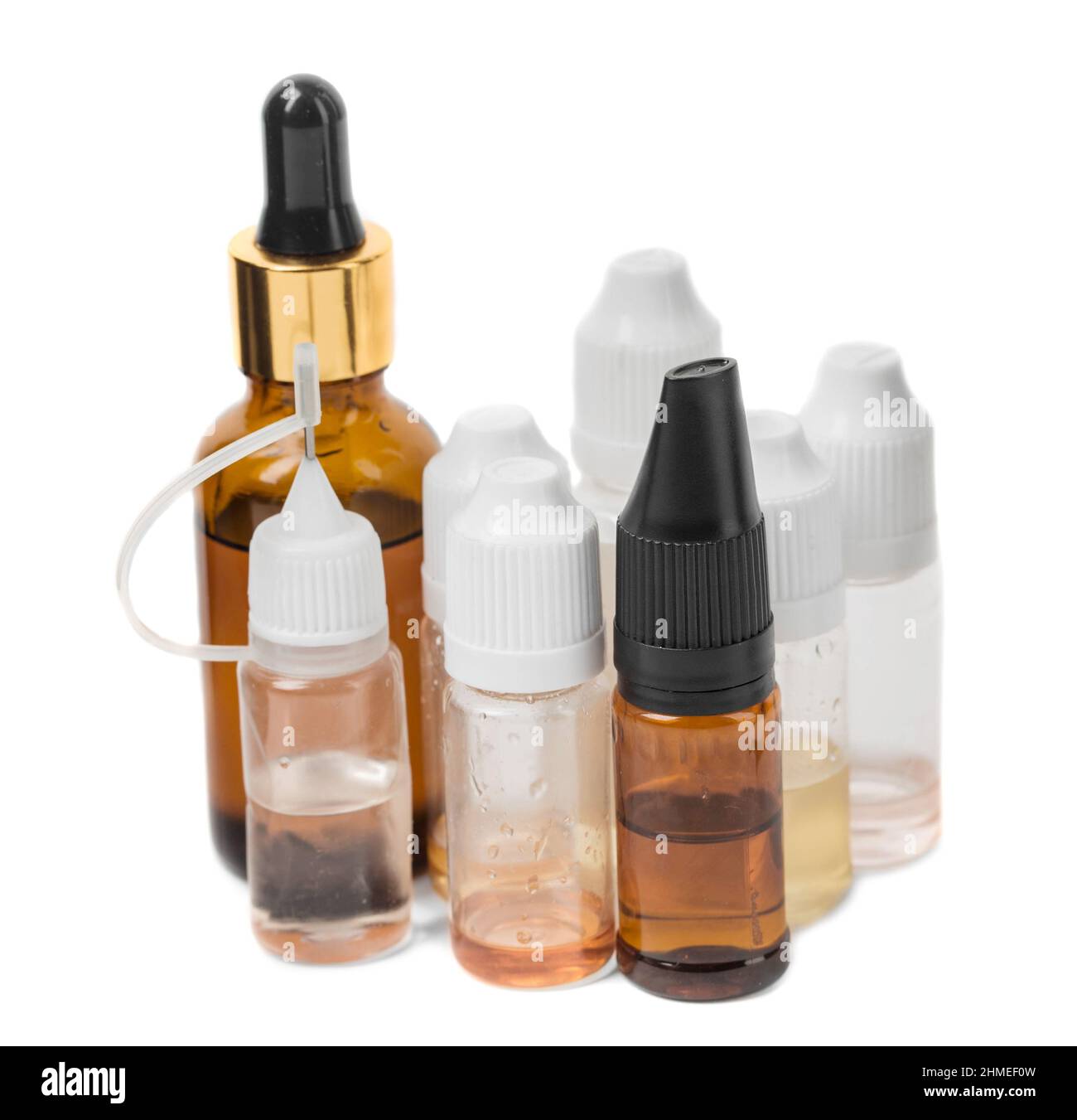 Various liquids for modern electronic cigarettes. Isolated on a white ...