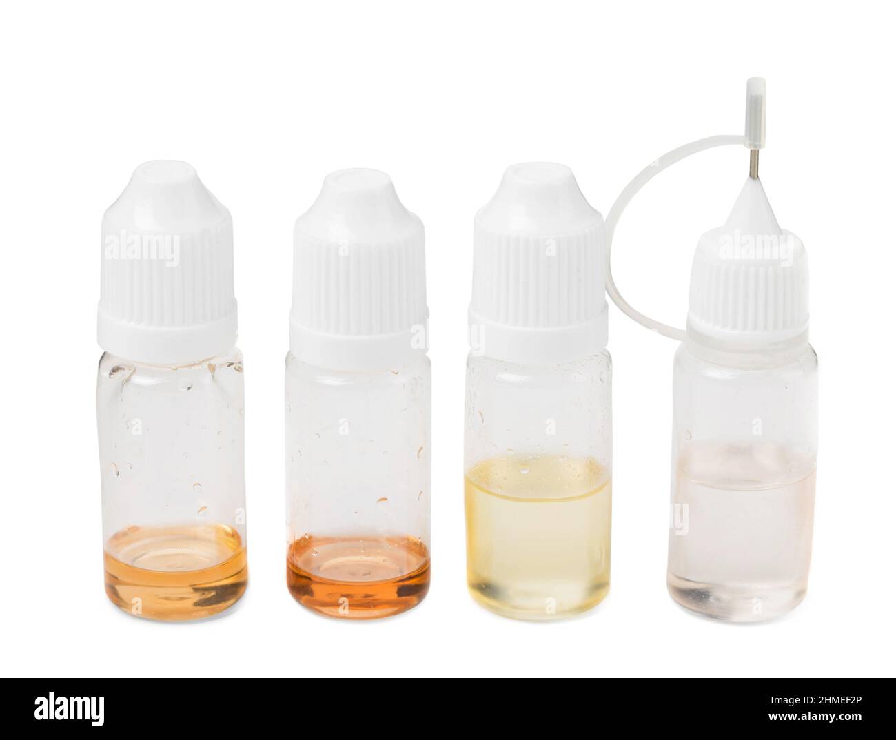 Various liquids for modern electronic cigarettes. Isolated on a white ...
