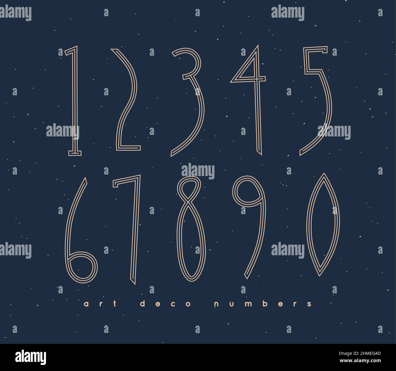 Set of art deco numbers drawing in vintage style on blue background ...
