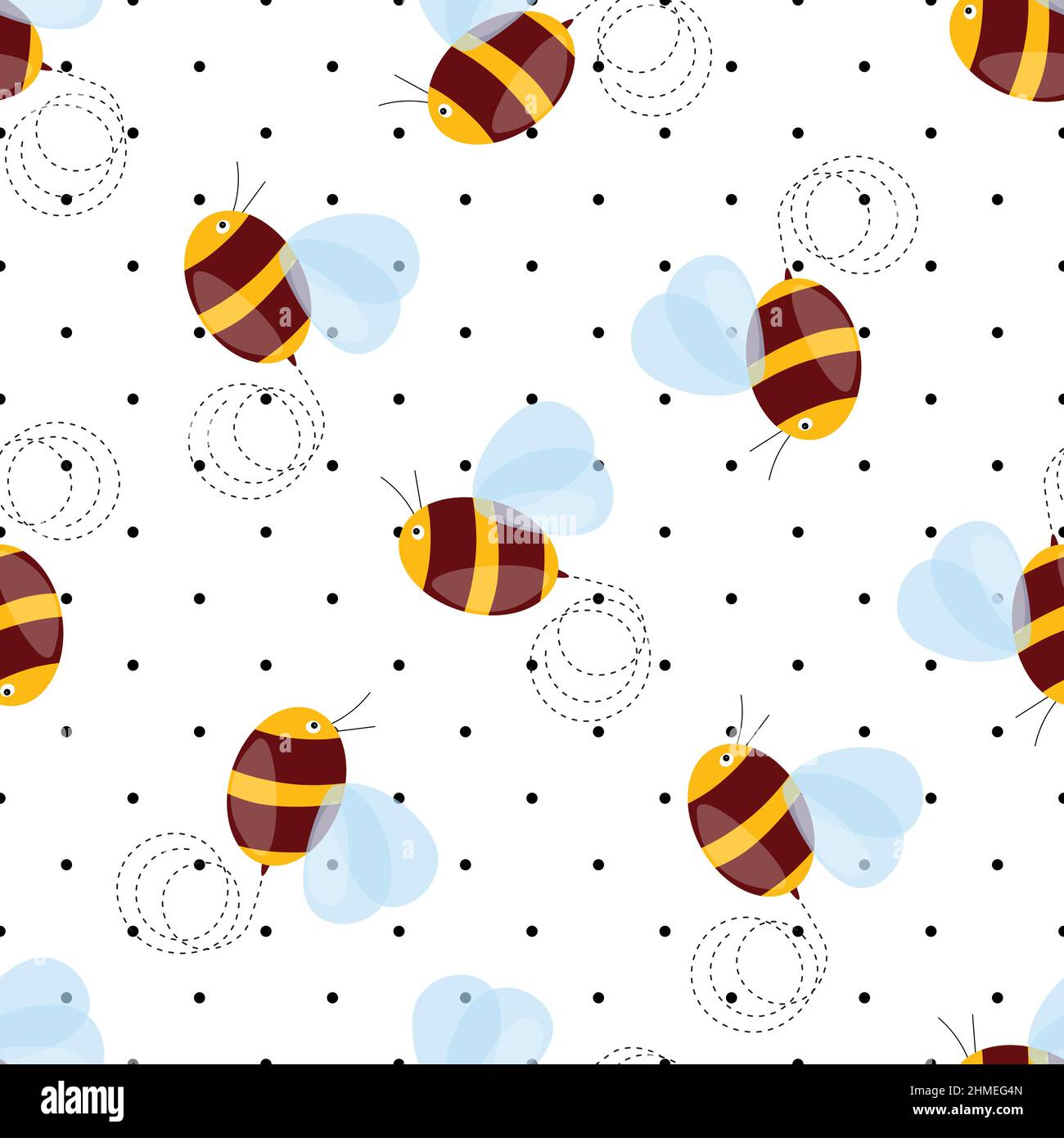 Seamless pattern with bees on white polka dots background. Small wasp ...