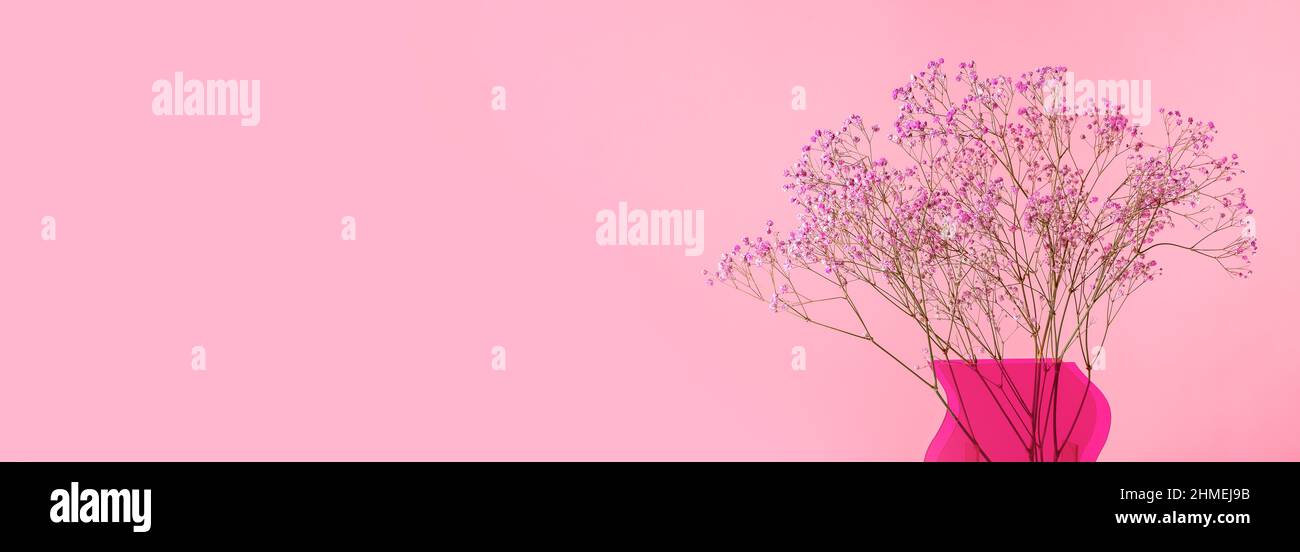 Pink gentle flowers in vase on ad banner with copy space for text Stock ...